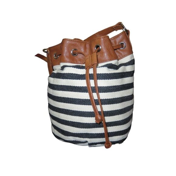 Minicci | Bags | Minicci Canvas Leather Striped Drawstring Bucket Bag ...